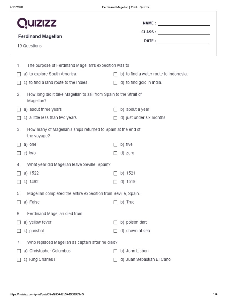 Ferdinand Magellan - Print - Quizizz1 | PDF | Early Modern Period ...