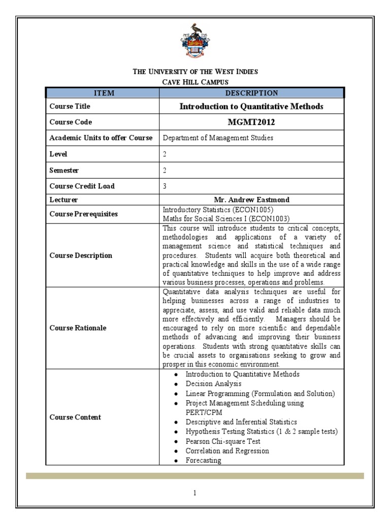 MGMT2012 Course Outline 202020 | PDF | Quantitative Research | Statistics