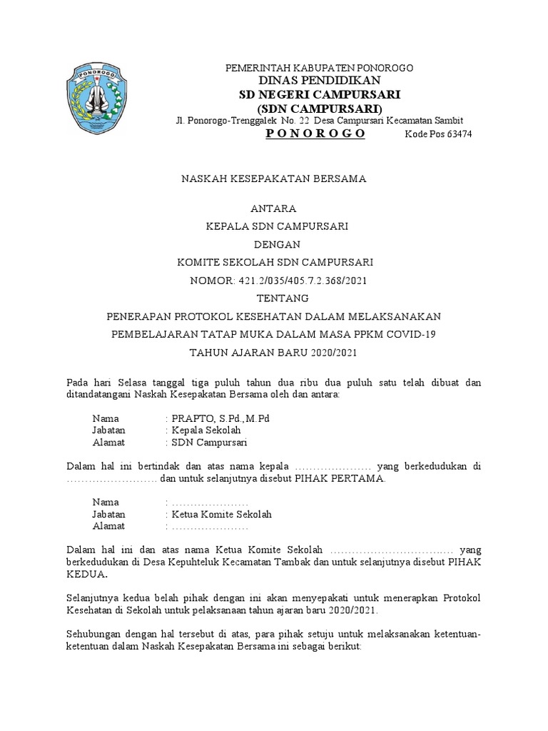 Nota Kesepakatan Bersama Penerapan Protokol Kesehatan | PDF
