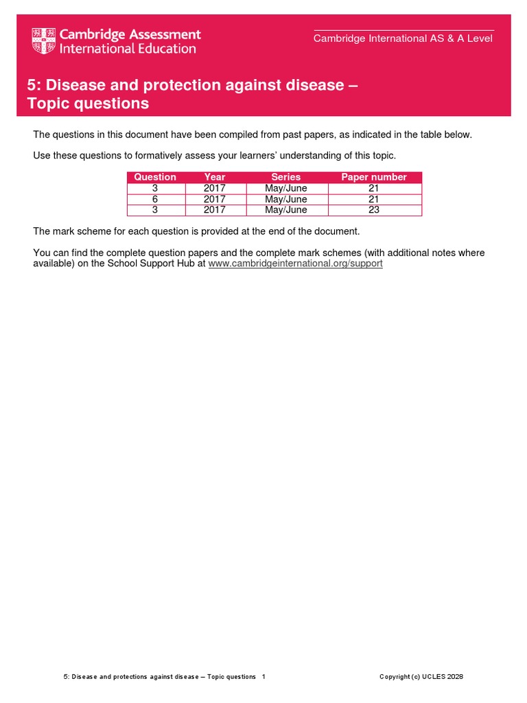 5: Disease and Protection Against Disease - Topic Questions: Year ...