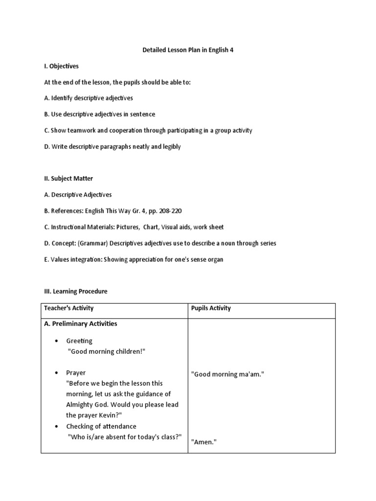 Descriptive Adjectives Lesson Plan | PDF | Adjective | Senses