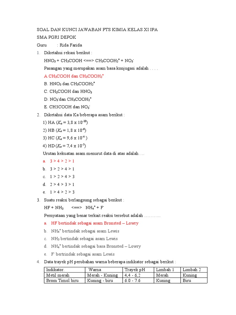 Soal Dan Kunci Jawaban PTS KIMIA Kls XI IPA | PDF