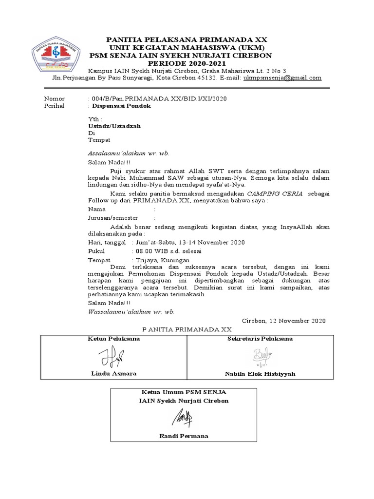Surat Dispensasi Pondok | PDF