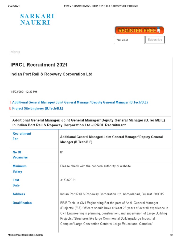 IPRCL Recruitment 2021, Indian Port Rail & Ropeway Corporation LTD ...