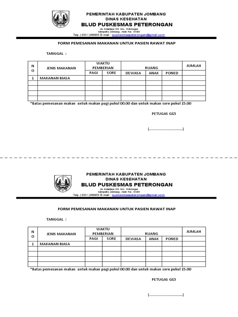 Form Pemesanan Makanan Untuk Pasien Rawat Inap | PDF