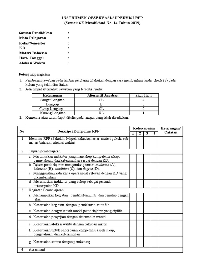 Instrumen Supervisi RPP 20.21 | PDF