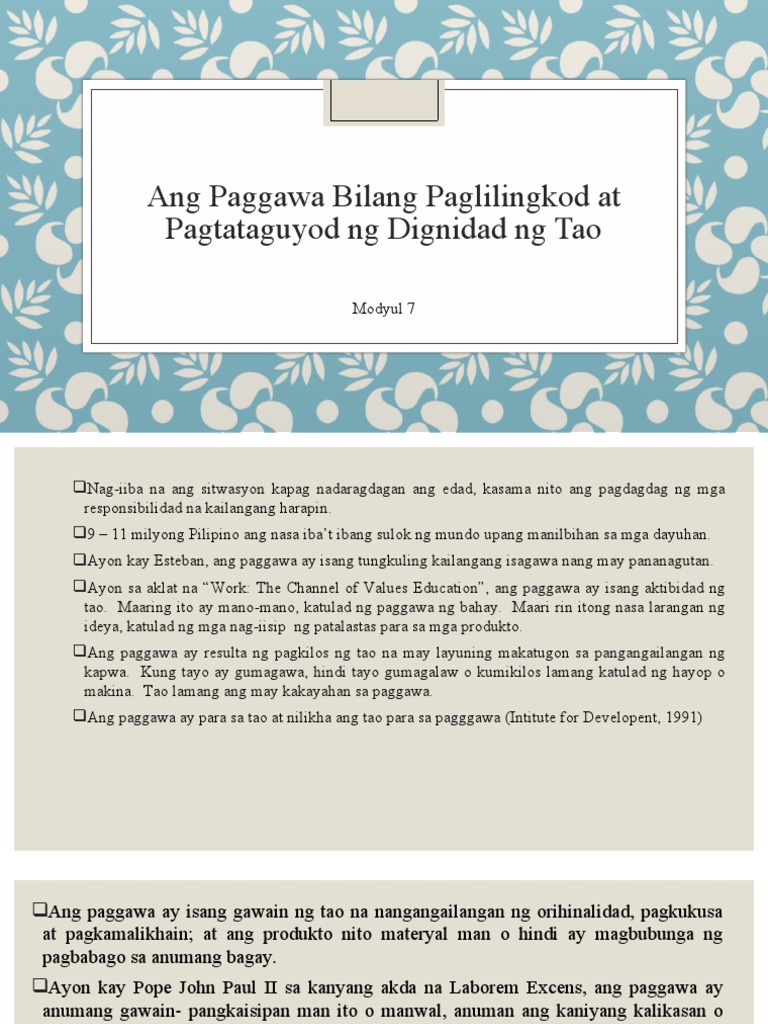Ang Paggawa Bilang Paglilingkod at Pagtataguyod NG Dignidad NG Tao | PDF