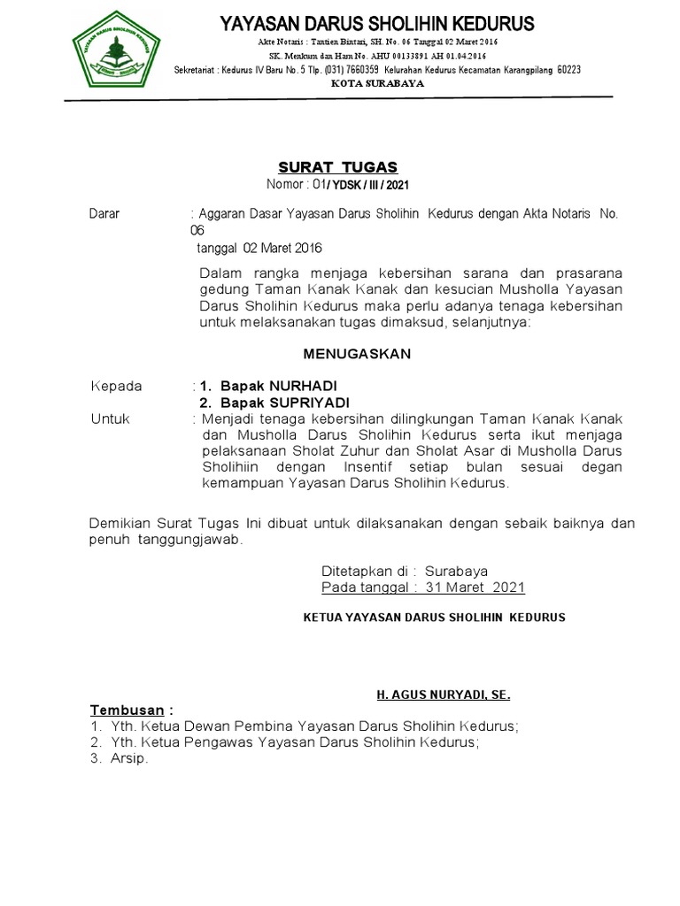Surat Tugas Petugas Kebersihan | PDF