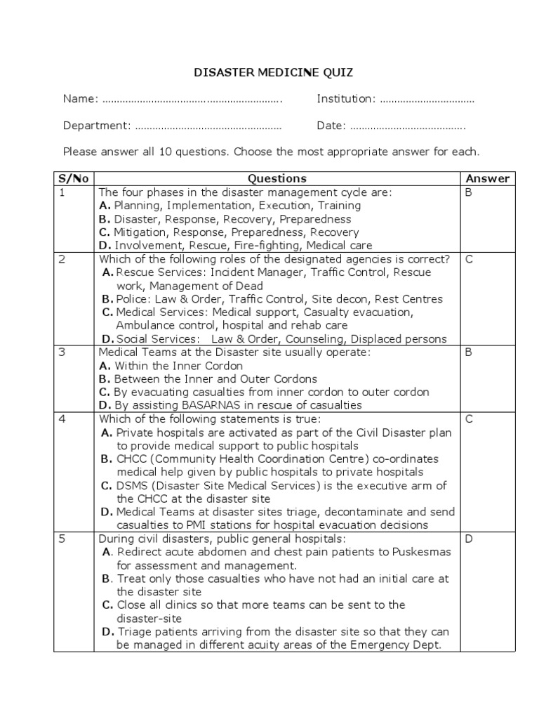 BASIC DISASTER MEDICINE QUIZ-answers | PDF | Emergency Department ...