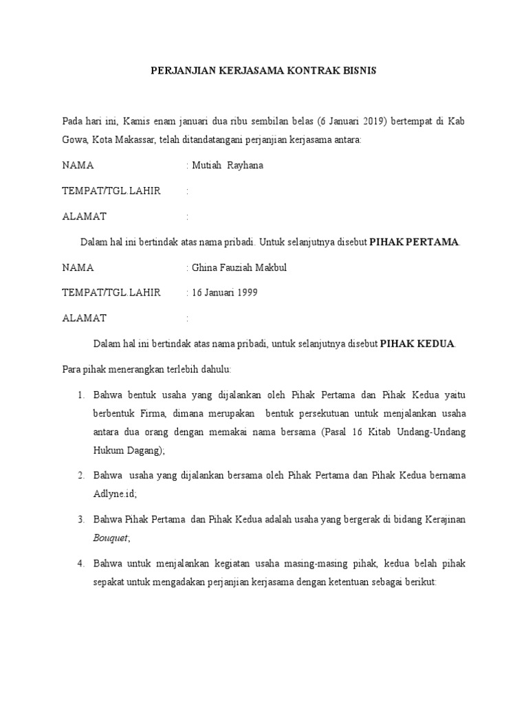 Contoh Perjanjian Kerjasama Kontrak Bisnis | PDF