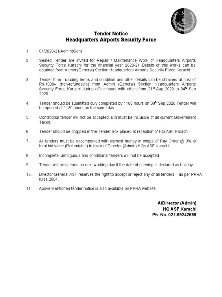 ASF Karachi Repair Tender Notice 2020-21 | PDF | Business