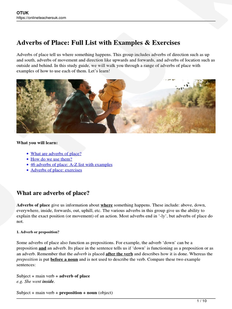 Adverbs of Place: Full List With Examples & Exercises | PDF | Adverb | Verb