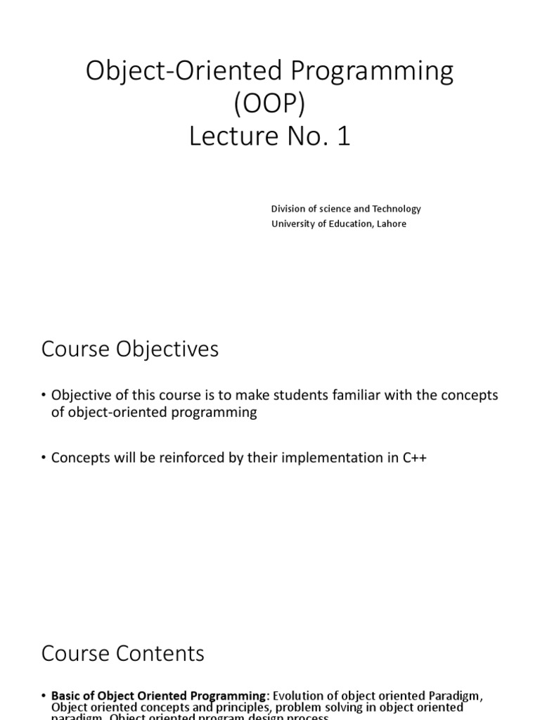 Object Oriented Programming Oop Lecture No 1 Division Of Science And Technology University