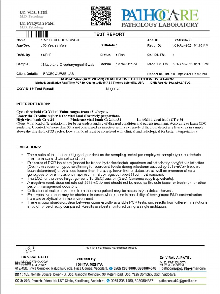 Test Report: Method: Qualitative Real Time PCR by Quantstudio 5 (ABI ...