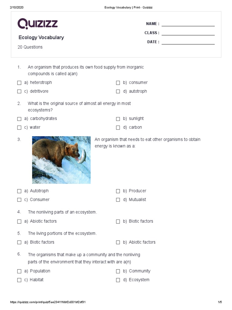 Ecology Vocabulary Quiz Answer Key | PDF | Ecology | Ecosystem
