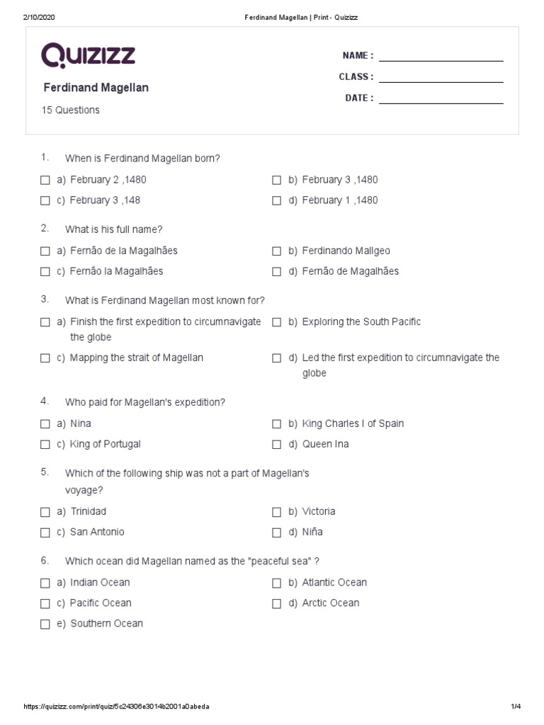 Ferdinand Magellan - Print - Quizizz | PDF | Age Of Discovery | Field ...