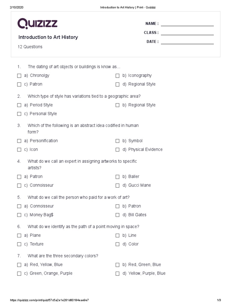 Introduction To Art History - Print - Quizizz | PDF | Color | Senses