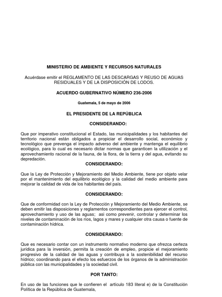Acuerdo Gubernativo 236-2006 | PDF | Aguas residuales | La ... Acuerdo Gubernativo 236-2006 | PDF | Aguas residuales | La ...