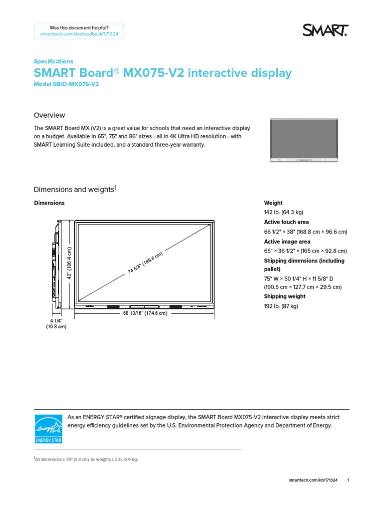 SMART Board® MX075-V2 Interactive Display: Specifications | PDF | Hdmi | Usb