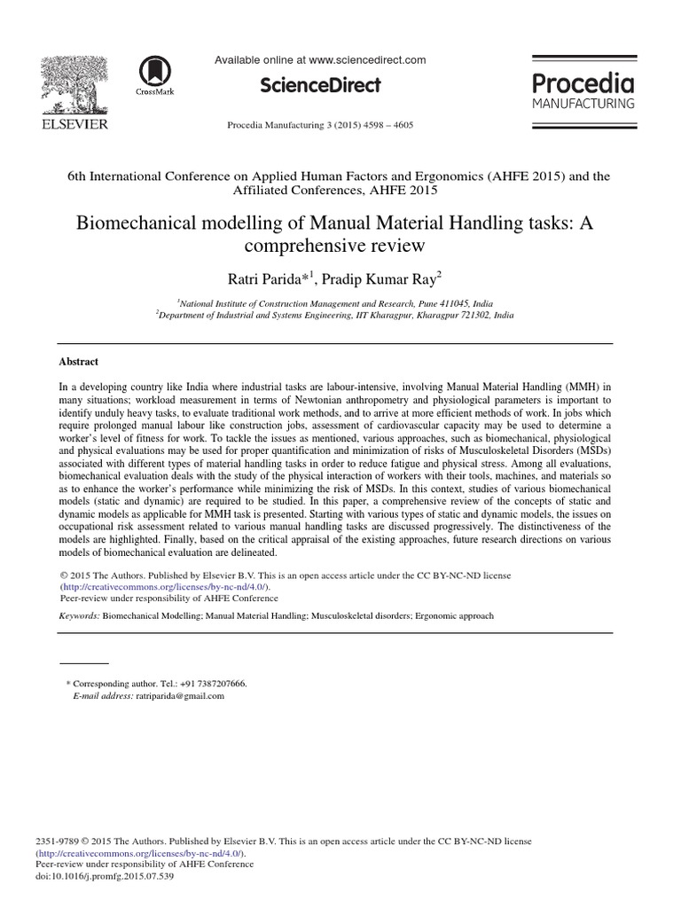 Biomechanical Modelling of Manual Material Handling Tasks: A Comprehensive Review | PDF ...