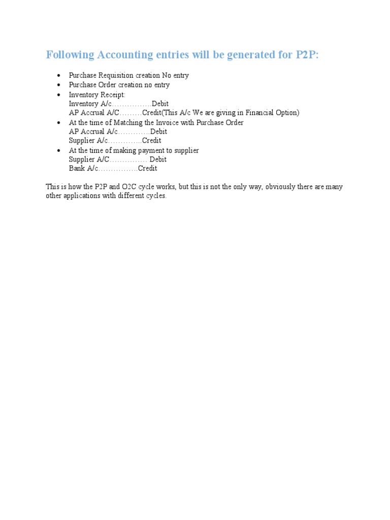 Following Accounting Entries Will Be Generated For P2P | PDF