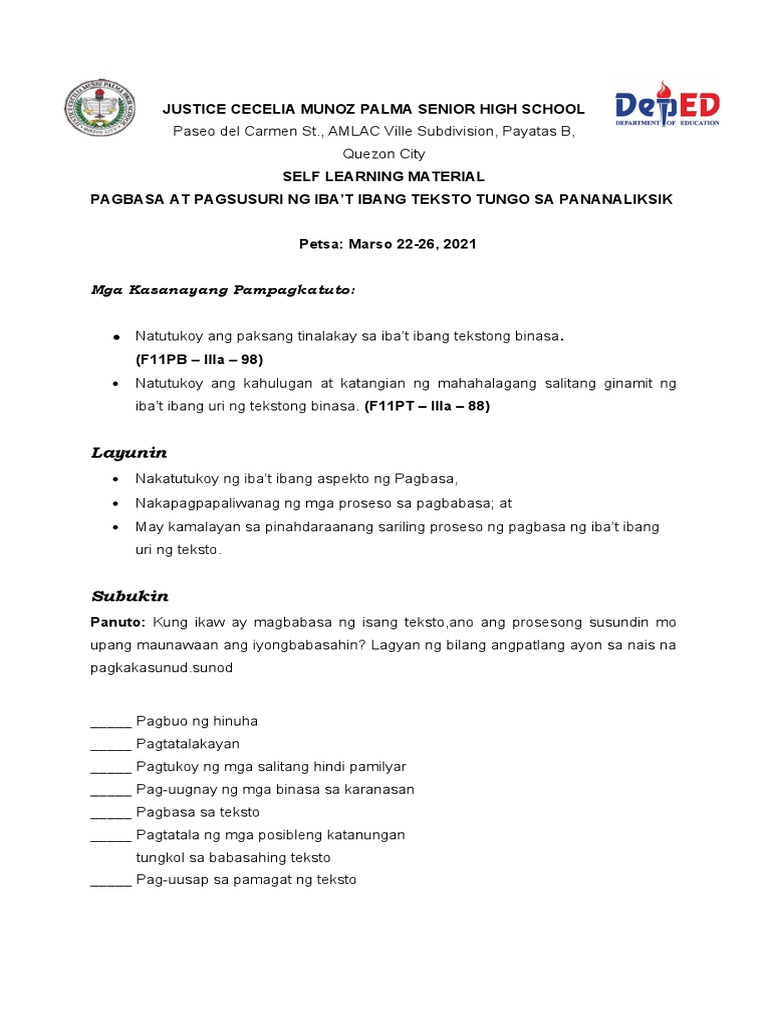 Grade 11 Pagbasa q3 Week1.1 | PDF