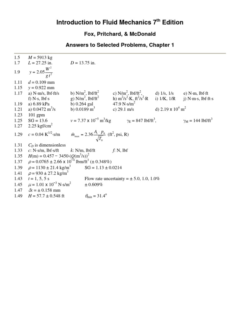Fox 7th - Answers Selected Problems | PDF
