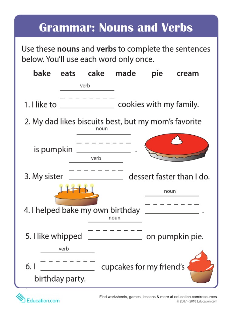 Grammar: Nouns and Verbs: Bake Eats Cake Made Pie Cream | PDF