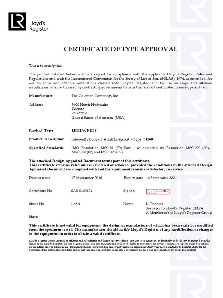 Certificate of Type Approval for Inherently Buoyant Adult Lifejackets from The Coleman Company ...
