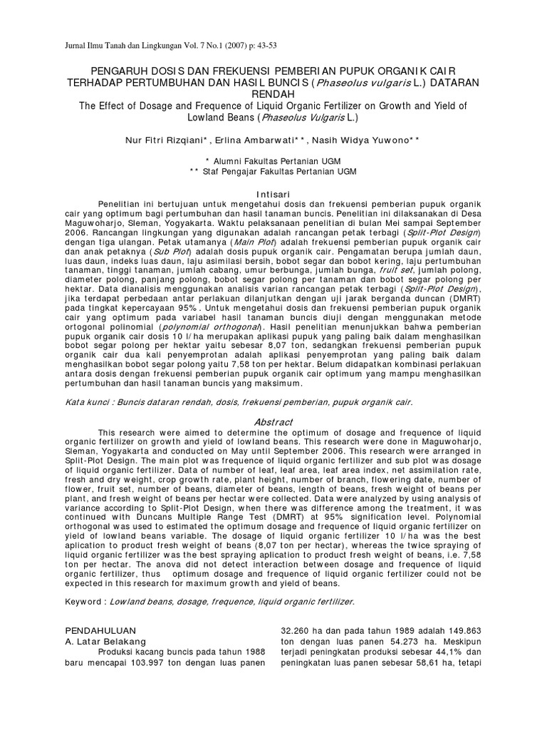 PENGARUH DOSIS DAN FREKUENSI PEMBERIAN PUPUK ORGANIK CAIR TERHADAP PERTUMBUHAN DAN HASIL BUNCIS ...