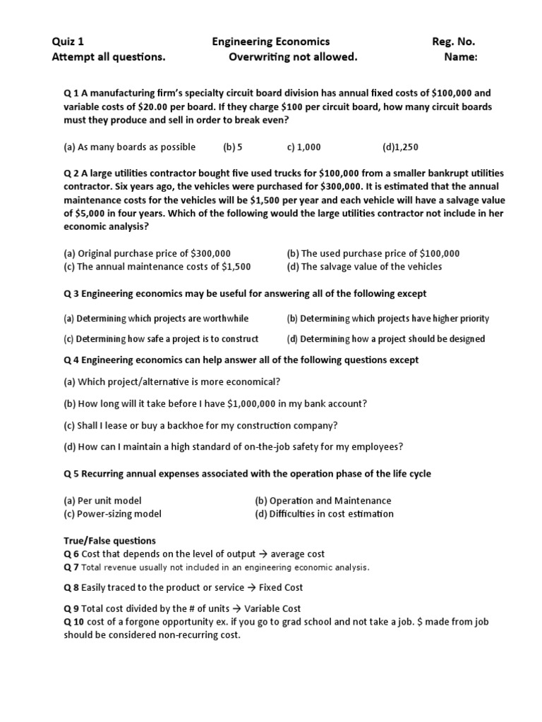 Quiz 1 | PDF | Cost | Economics