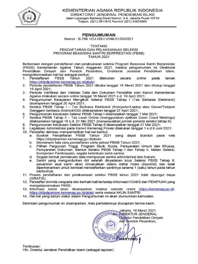 Pengumuman Resmi Pendaftaran PBSB 2021 | PDF