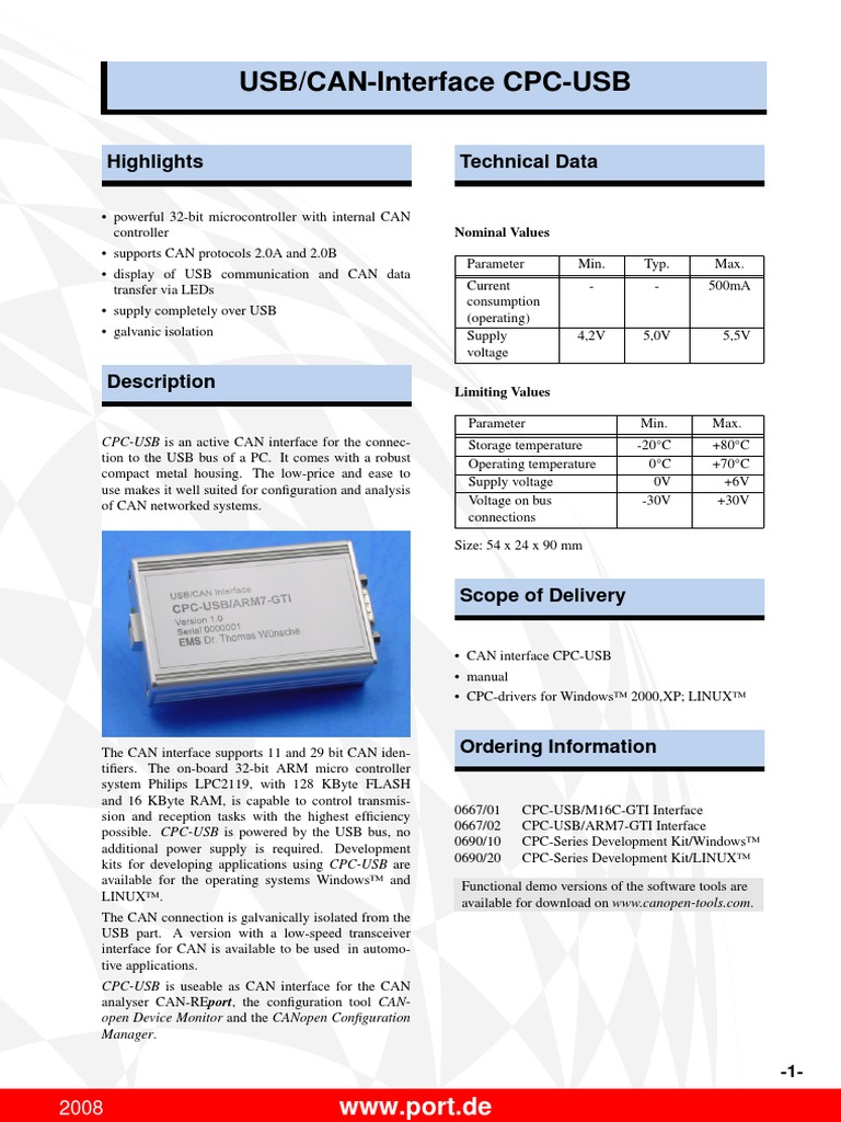 USB/CAN-Interface CPC-USB: Highlights Technical Data | PDF | Usb ...