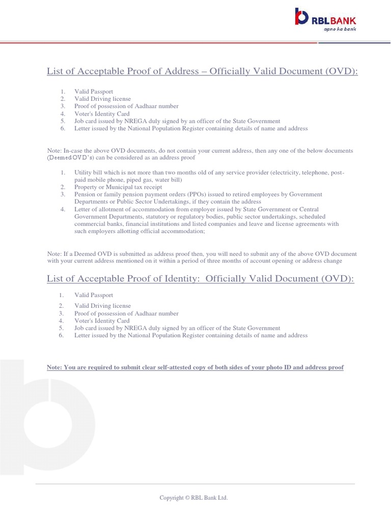 List of Acceptable Proof of Address - Officially Valid Document (OVD) | PDF