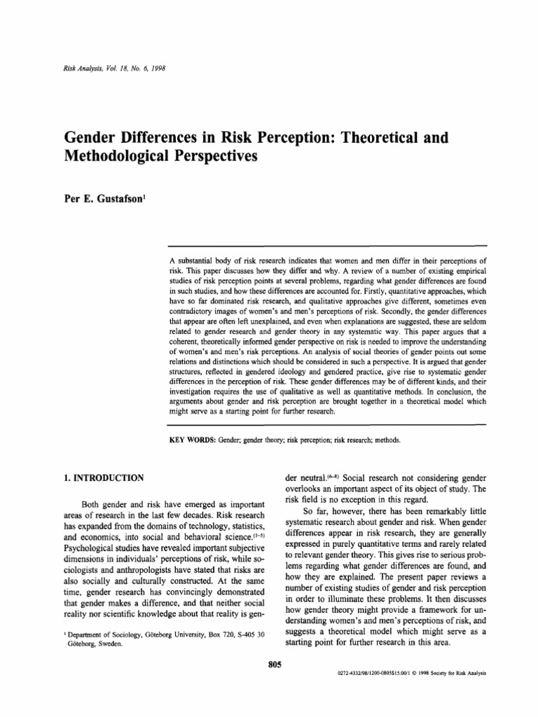 Gender Differences in Risk Perception Theoretical and Methodological ...