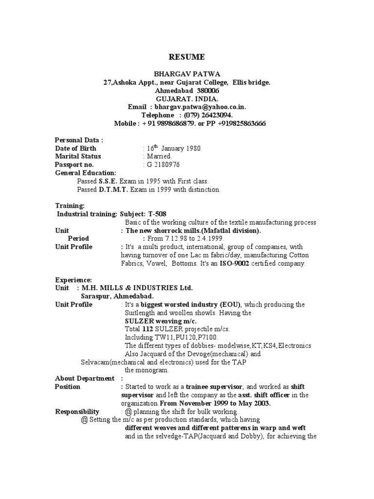 Resume | Textile Manufacturing | Textiles