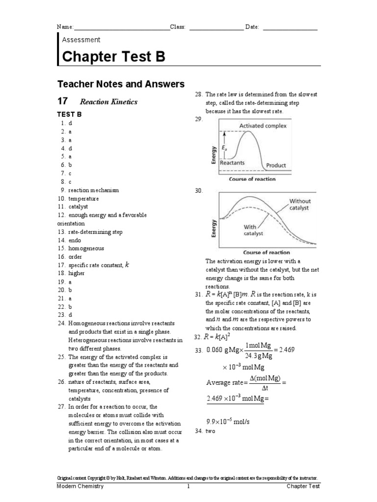 Chapter Test B: Teacher Notes and Answers 17 | PDF | Reaction Rate ...