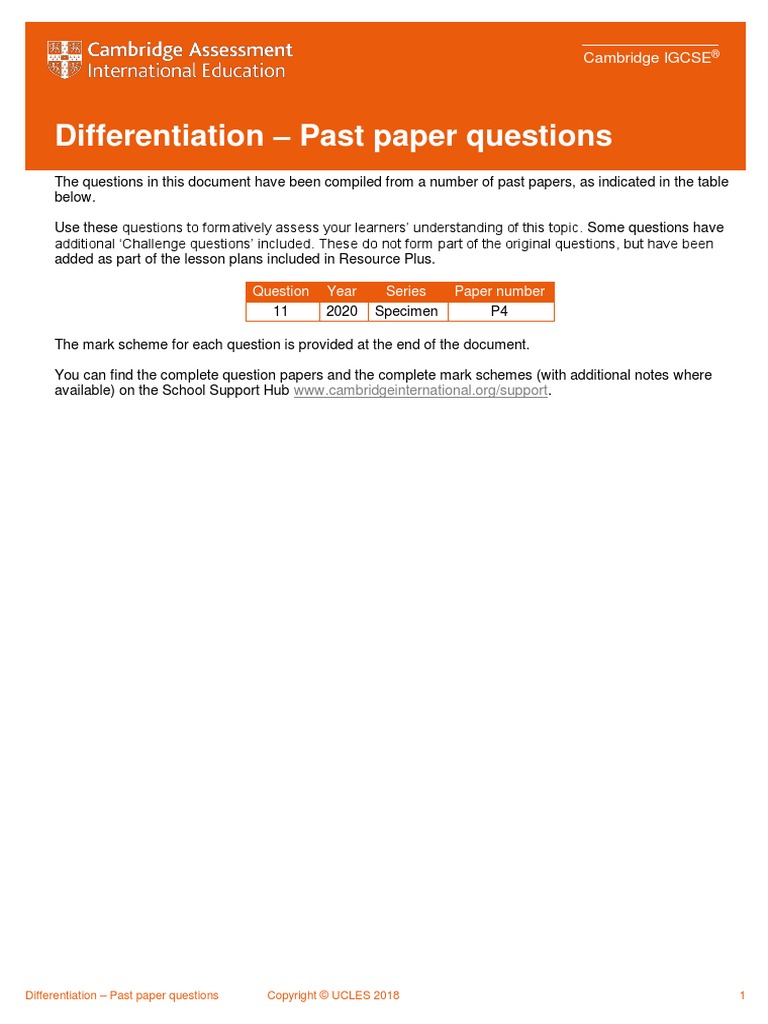 Differentiation - Past Paper Questions: Year Series Paper Number | PDF ...