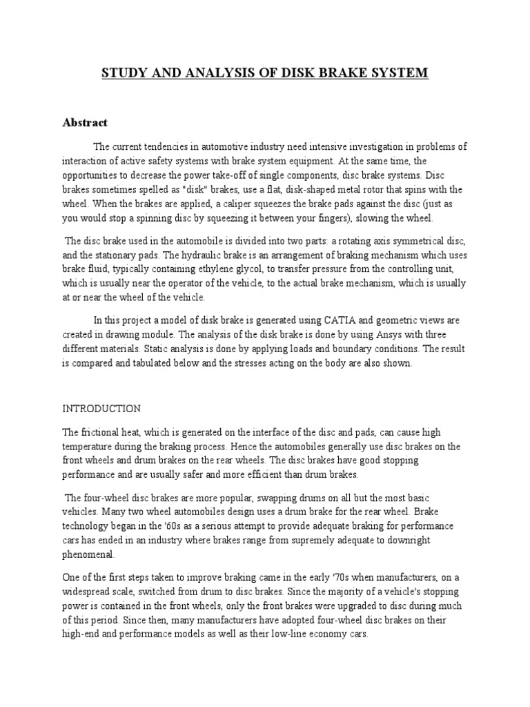 Disk Brake System Study and Analysis | PDF | Brake | Vehicle Technology
