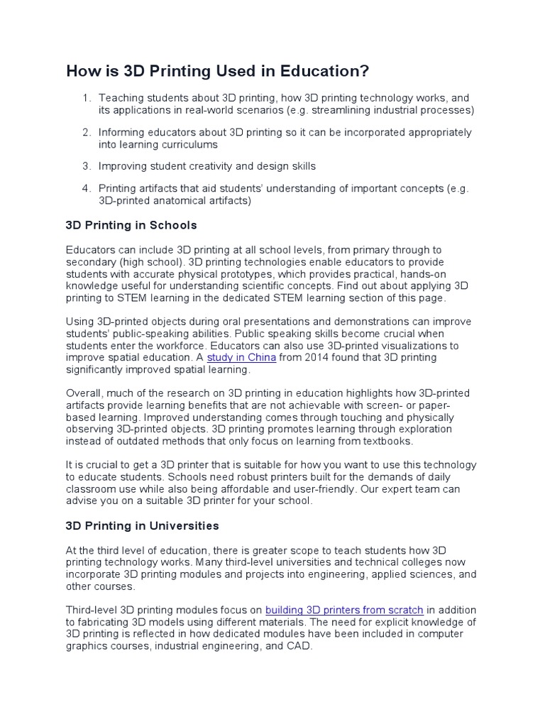 3D Printing For Education | PDF | 3 D Printing | 3 D Computer Graphics