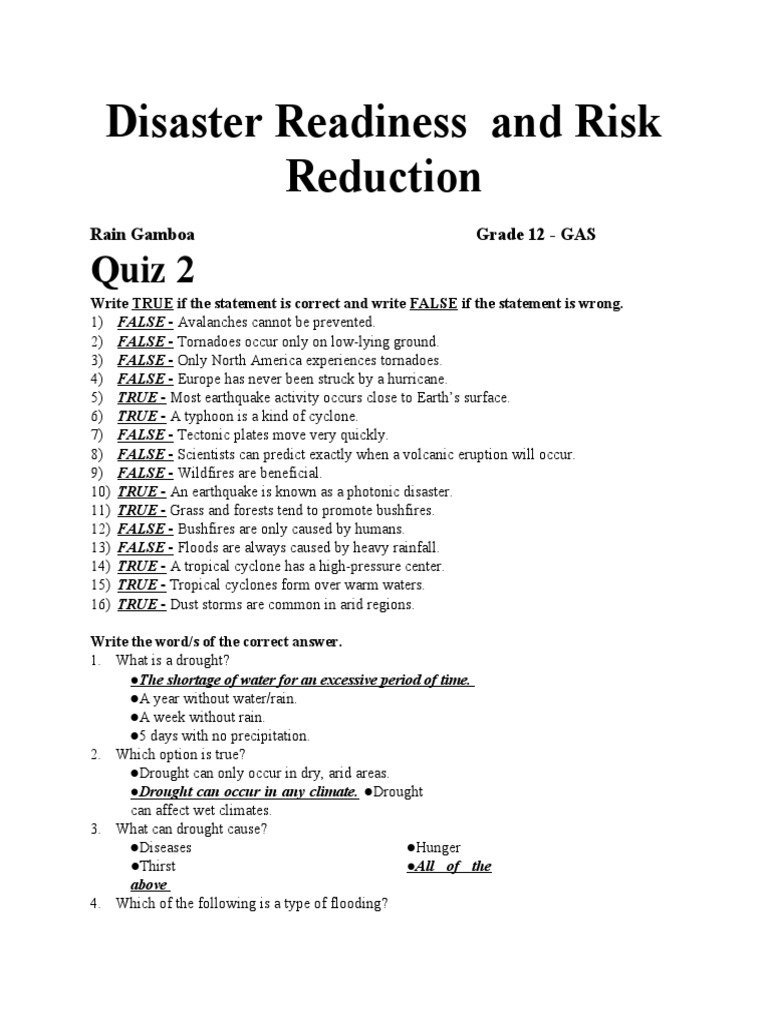 QUIZ 2 Disaster Readiness and Risk Reduction | PDF | Natural Disasters ...