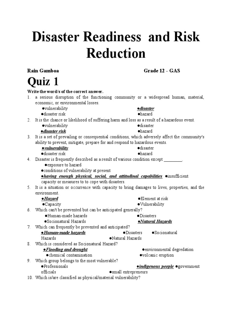 QUIZ 1 Disaster Readiness and Risk Reduction | PDF | Hazards | Reinsurance