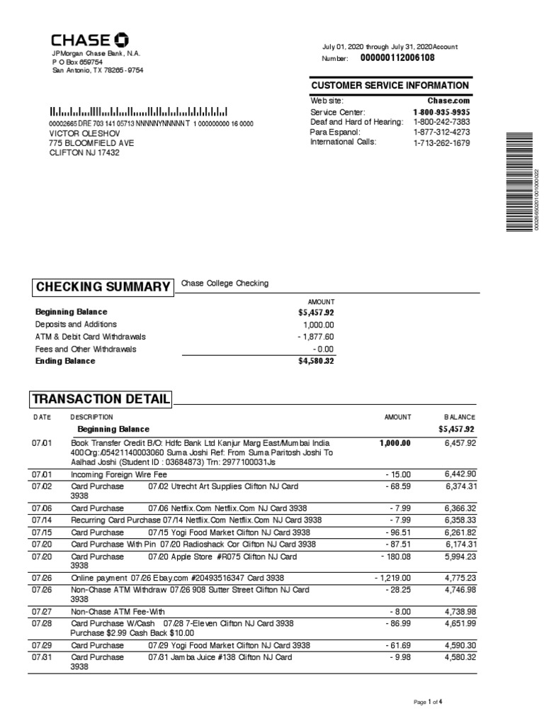 Chase College Checking Statement | PDF | Automated Teller Machine | Cheque