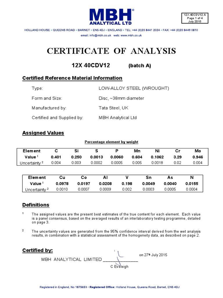Certificate of Analysis: 12X 40CDV12 | PDF | Chemistry | Physical Sciences