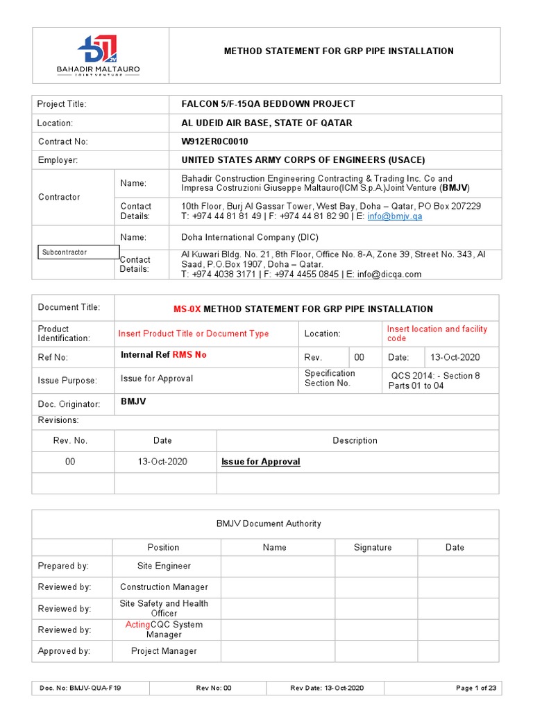 MES For GRP Pipes Installation | PDF | Pipe (Fluid Conveyance ...