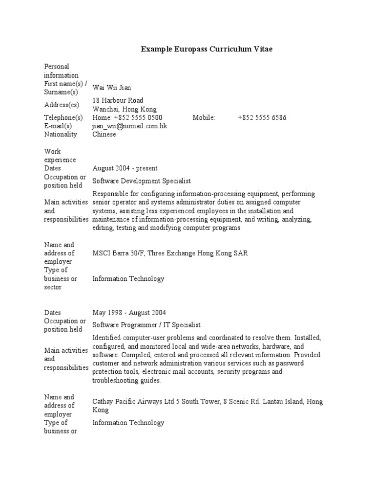 Example Europass Curriculum Vitae - 2 | PDF | Science | Expert