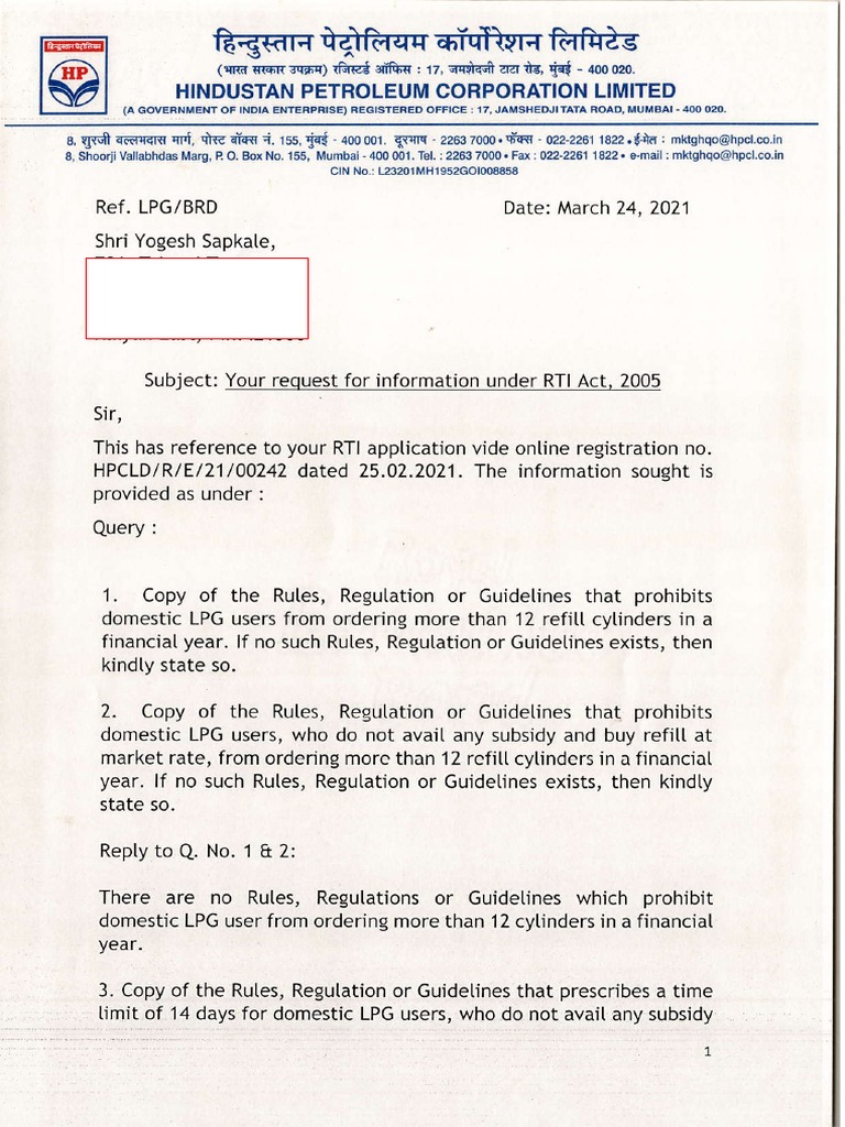 HPCL Rti LPG Refill Limits | PDF | Policy | Business