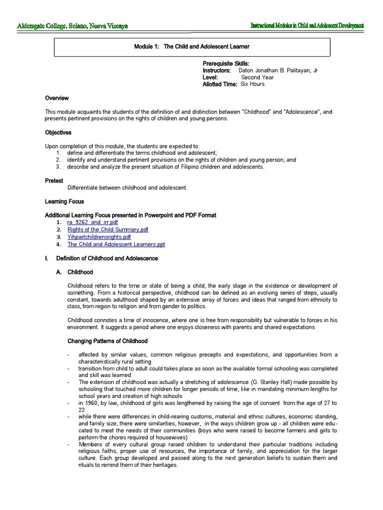 Module 1 The Child and Adolescent Learner | PDF | Childhood | Adolescence