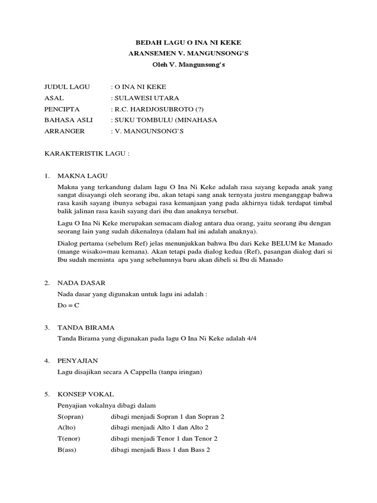 Bedah Lagu o Ina Ni Keke | PDF