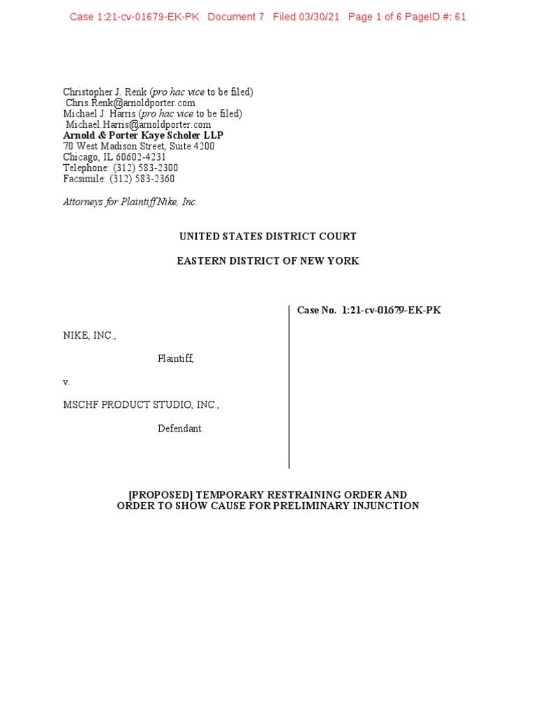 Nike v. MSCHF - Motion For TRO | PDF | Trademark | Trademark Dilution